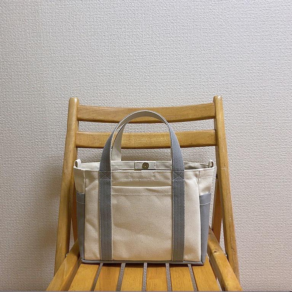 「ポケットトート」小サイズ「生成り×グレー」／帆布トートバッグ／倉敷帆布8号【受注制作】 トートバッグ デニム工房スマイル 通販 ...