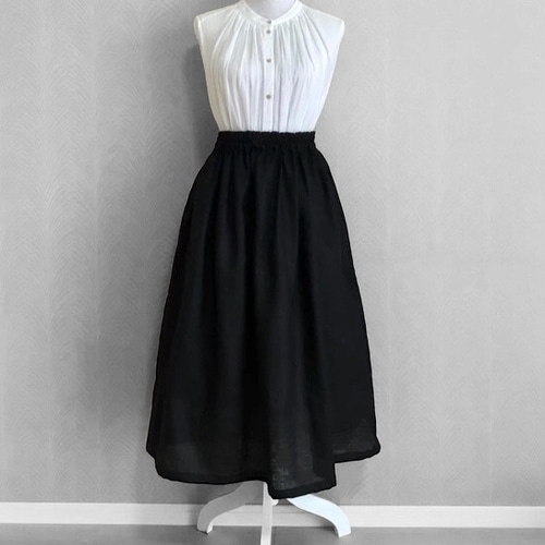 育てるリネン (黒) ◇中厚 リネン100％ ギャザースカート ロング