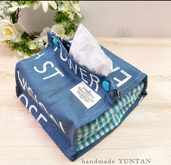 再販 .*˚【ハーフBOXティッシュケース】青英字＆チェック スナップボタンタイプ♪ hako-04 ティッシュケース YUNTAN 通販 ...