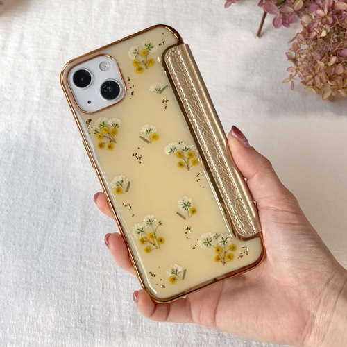 ミモザとかすみ草】 押し花スマホケース ソフトケース 手帳型 ミモザとかすみ草】 押し花スマホケース ソフトケース 手帳型