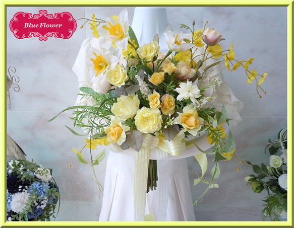 特価 イエローカラーのクラッチブーケ＊シャワーブーケ 黄色 ナチュラルウエディングブーケ ガーデンウエディング 前撮り ブーケ Blue ...