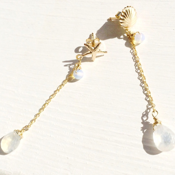 14kgf シェル×スタートフィッシュロングピアス ムーンストーン×オパール ピアス（スタッド・一粒） sea and me 通販 ...