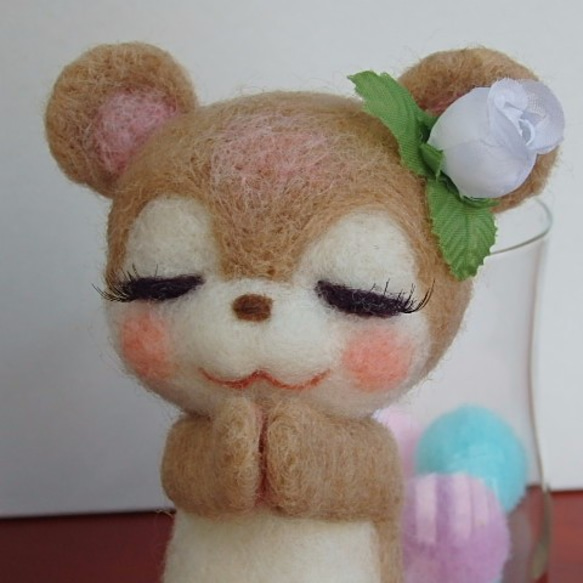 羊毛 くまちゃんのお祈り★ 羊毛フェルト 紫花 通販｜Creema(クリーマ) 2606620