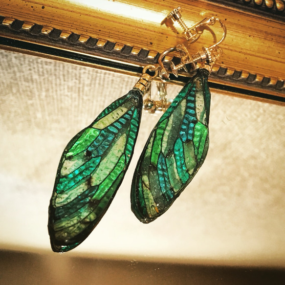 【ほんものの蝉の翅】セミのピアス イヤリング ステンドグラスグリーン ピアス（フック・チェーン） YUKATOHIRA Accessory ...