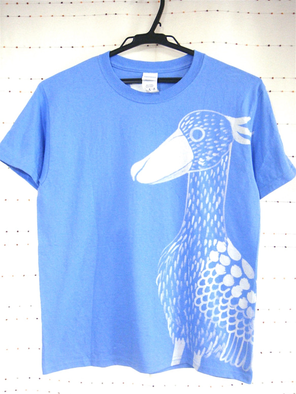 両面絵柄・ハシビロコウ・嘴広鸛・でかい動かない鳥・レディスS〜M対応サイズ（150〜160cm）水色・手描きTシャツ Tシャツ chobico ...