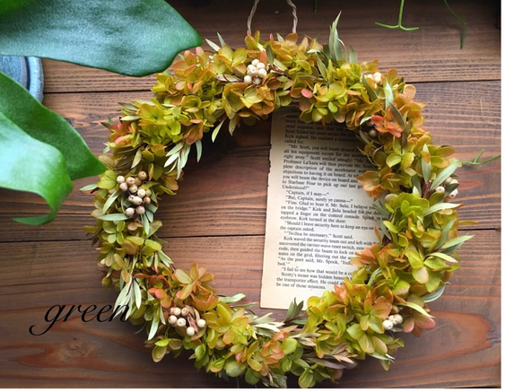 秋色アジサイのリース プリザーブドフラワー 植物と暮らす green 通販｜Creema(クリーマ) 4276152