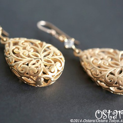 【14KGF】Earrings,Matt Gold Floral Teardrop Filigree ピアス（フック・チェーン） Ostara 通販 685396｜Creema(クリーマ)