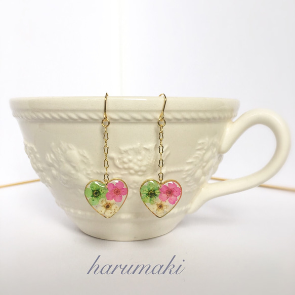 グリーン&ピンク 押し花アクセサリー ピアス（フック・チェーン） mafleur 通販｜Creema(クリーマ) 2430727