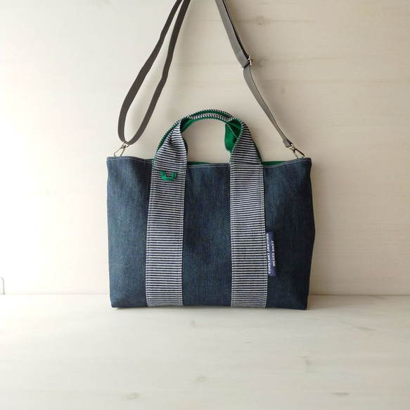 【入園入学】名入れ*選べる6サイズレッスンバッグ*デニム×ヒッコリー×グリーン*斜め掛け レッスンバッグ あまだれや 通販 2361548 ...