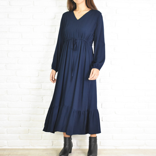 再販!【大きいサイズ】Vネック長袖ワンピース <ネイビー 再販!【大きいサイズ】Vネック長袖ワンピース <ネイビー