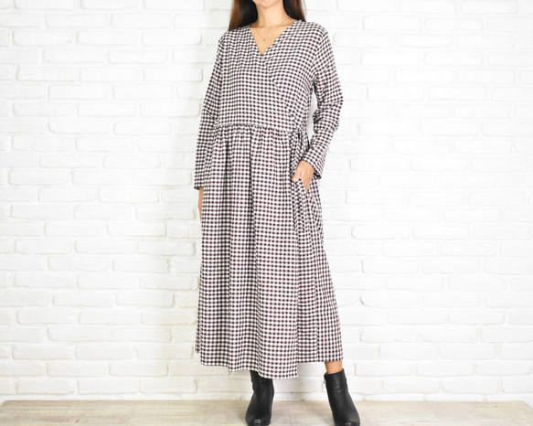 チェック柄カシュクールワンピース ギンガムチェック ＜ブラウン＞ ワンピース bluewaters 通販 12645866｜Creema(クリーマ)