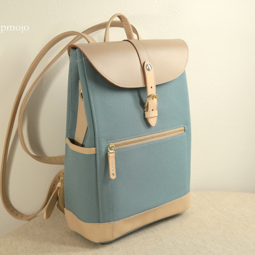 大人の帆布&レザートリムミニスリムリュック Cream Mint 大人の帆布&レザートリムミニスリムリュック Cream Mint