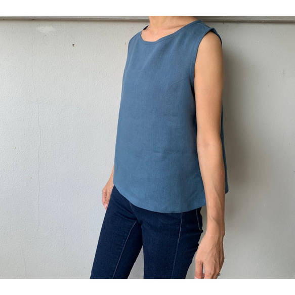 ブラウス ノースリーブラウス リネン 麻 アースブルー色 春夏 トップス ブラウス tenoshigoto 通販｜Creema(クリーマ ...