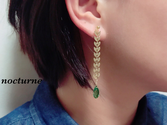 【14kgf】リーフチェーンとスワロフスキーのピアス ピアス（フック・チェーン） nocturne 通販 4497172｜Creema(クリーマ)