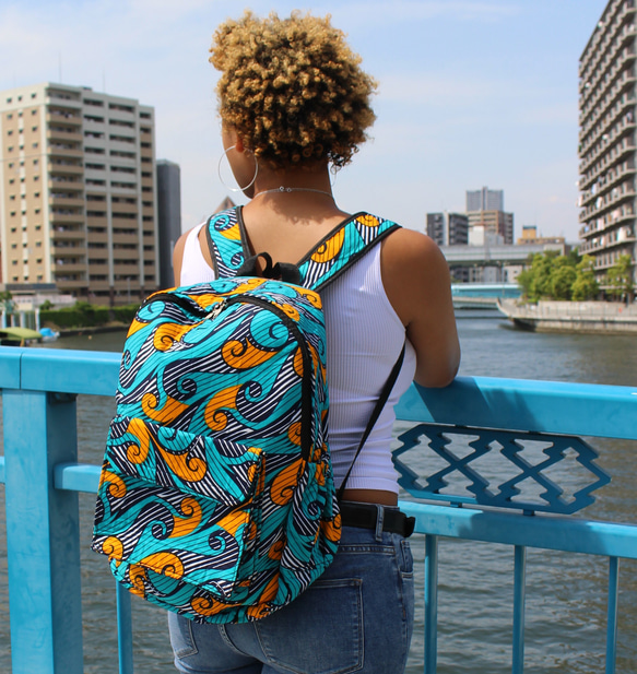 アフリカ布 リュックサック ウェイブ柄 波柄 ターコイズ黄ネイビー 海 サーフィン バックパック アフリカンプリント リュック・バックパック ...