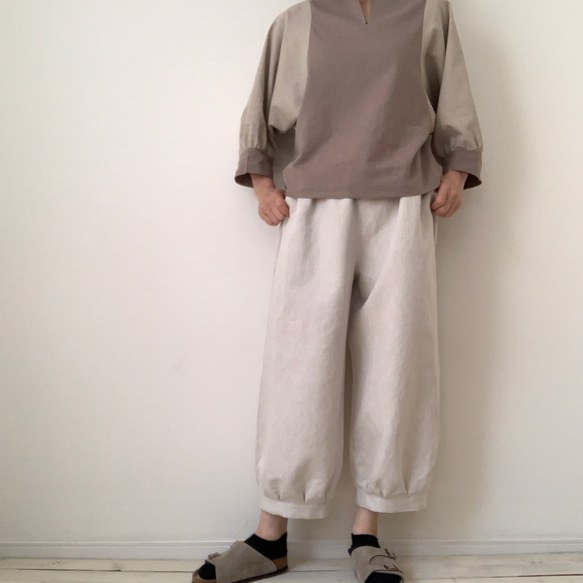 白Tと合わせたい ★受注製作★綿麻ヘリンボーンカフスバルーンパンツ 明るい生成★ポケット付 ウエストゴム 丈調節可能 ロングパンツ Tutu ...