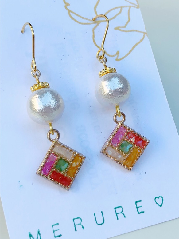 springバージョン 春カラー コットンパールとスクエアピアス/イヤリング イヤリング・ノンホールピアス メルレ 通販｜Creema ...