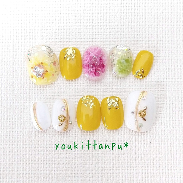 山吹＊ネイルチップ 付け爪 つけ爪 結婚式 ブライダル ウェディング 白無垢 成人式 振袖 華やか 花柄 春 夏 秋 冬 ネイルチップ（つけ爪 ...