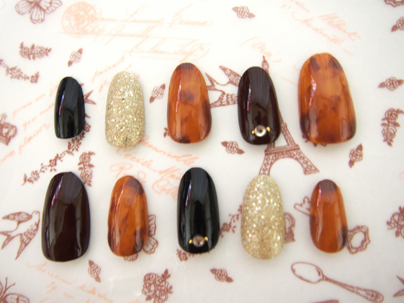 べっ甲ネイル☆ブラック×ブラウン×ゴールド ネイルチップ（つけ爪） miko 通販 2888388｜Creema(クリーマ)