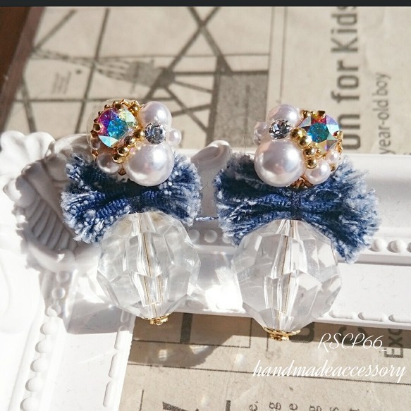 【再販5】ビジュー×デニムリボンピアス ピアス（スタッド・一粒） Luire handmade.acc 通販 1786537｜Creema(クリーマ)