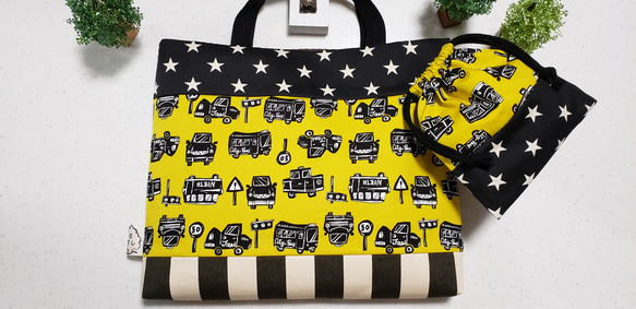 ☆再販☆くるま柄・イエローのレッスンバッグ＆コップ袋セット レッスンバッグ さしすの森 通販 12629406｜Creema(クリーマ)