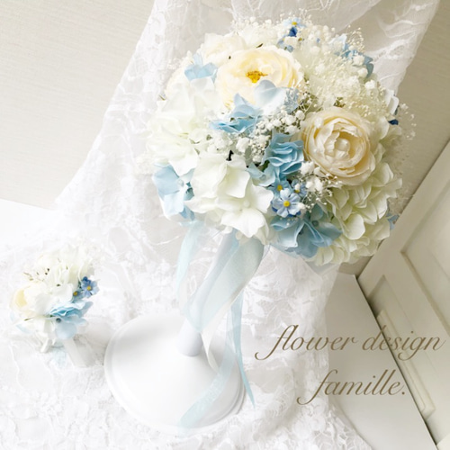ホワイト&ブルーの爽やかウェディング♡ブーケ&ブートニア&専用 ホワイト&ブルーの爽やかウェディング♡ブーケ&ブートニア&専用