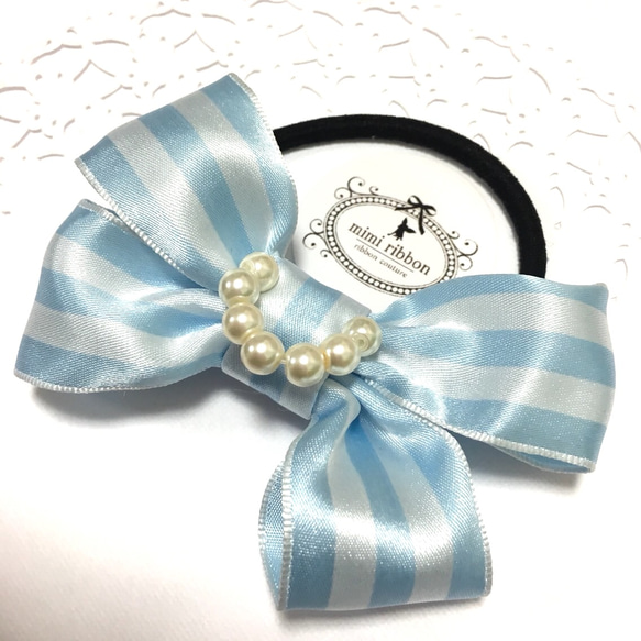*mimi Ribbon*サテンのワイヤーリボンとパールのダブルリボン ヘアゴム[ブルー] ヘアゴム mimi ribbon 通販 ...