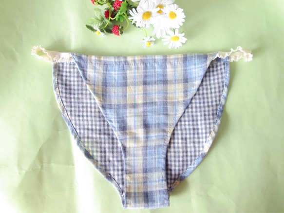 冷え取り下着 オーガニックコットンふんどしパンツ マシュマロチェックブルーイエロー M-L その他ファッション AVOIR DU COEUR ...