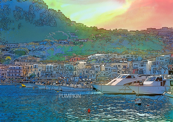 カプリ島 PR-A4-031 写真 写真画 イラスト イタリア 港 碧い海 海 オーシャン コバルトブルー イラスト アトリエパンプキン 通販 ...