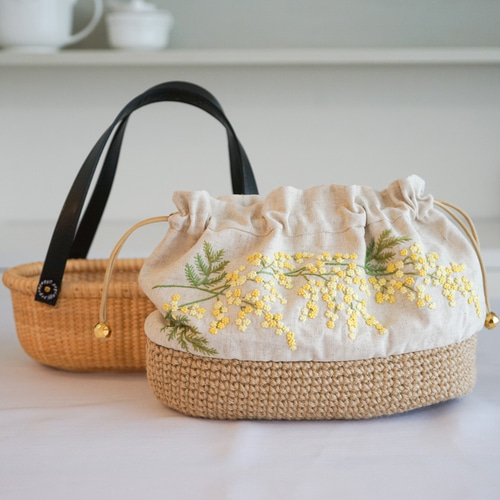 ナンタケットバスケット・バントレイ・ミモザ手刺繍インナー ナンタケットバスケット・バントレイ・ミモザ手刺繍インナー