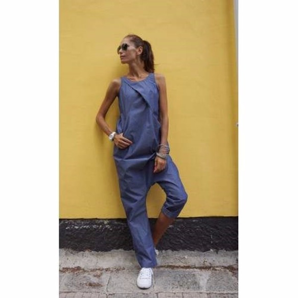 デニム ドロップクロッチ ノースリーブ オールインワン ジャンプスーツ【Aakasha/サイズのカスタムオーダー可】 ワンピース ...