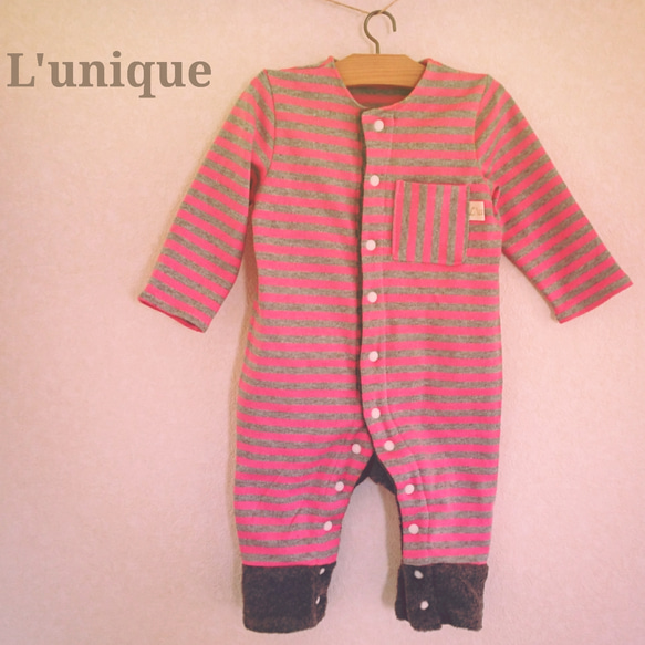 ピンク×グレーボーダーフリース切替カバーオールロンパース ロンパース L'unique 通販｜Creema(クリーマ) 4884551