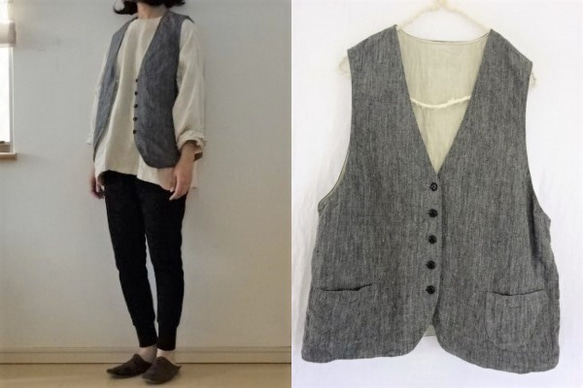 【受注制作】黒 リネンシャンブレー 2枚仕立てベスト その他トップス cher 通販 9513200｜Creema(クリーマ)