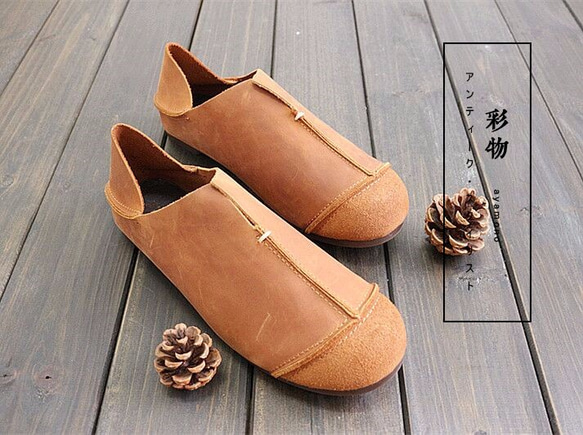 【受注製作】 快適な履き心地 牛革縫製ぺたんこ靴 丸トウ 2way キャメル KT1901 パンプス 彩物 通販 3786597｜Creema ...