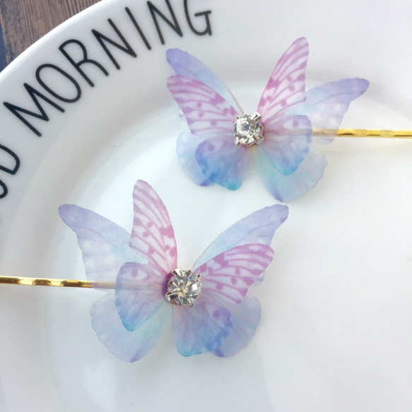 一對！】大水鑽！真絲薄紗蝴蝶髮飾髮夾頭夾紫色藍色粉色渐变色婚禮新娘頭飾婚禮首飾水鑽水晶生日禮物節日禮物交換禮物伴手禮 頭飾 SummerFly ...