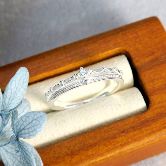 チェリッシュフラワーウェディングスモールダイヤモンドダブルリング925スターリングシルバーリングRL0489 指輪・リング ART64 ...