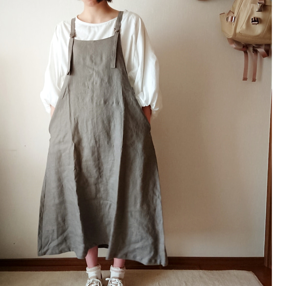 再販〈受注制作〉モカ色リネンのサロペットスカート☆ラテコーデ☆麻100％☆ロング丈マキシ丈 ワンピース ぱんだのてしごと 通販 8401616 ...