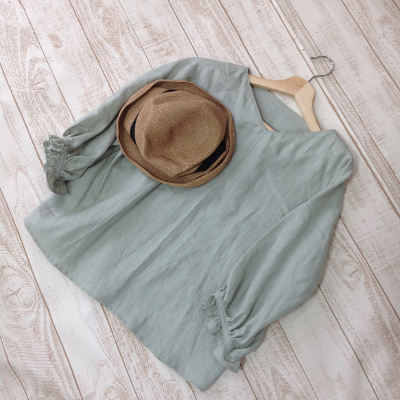 リネン★ミンティ★フリル七部袖ブラウス ブラウス ちいさないっぽ 通販 5547617｜Creema(クリーマ)