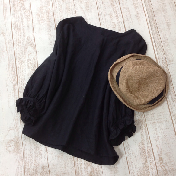 リネン★ブラック★フリル七部袖ブラウス ブラウス ちいさないっぽ 通販｜Creema(クリーマ)