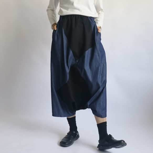 「愉快な サルエル パンツ」85cm丈 コットン100％ 2色パッチワークG47H（pt160) キュロット・ワイドパンツ anvai ...