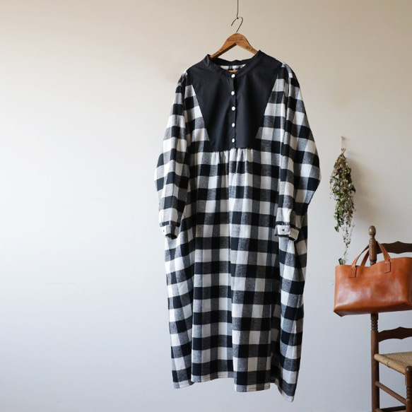 ＊113cm『切替スモック異素材ゆったりワンピース』コットン100％チェックA41(dr598) ワンピース anvai 通販 11088803｜Creema(クリーマ)