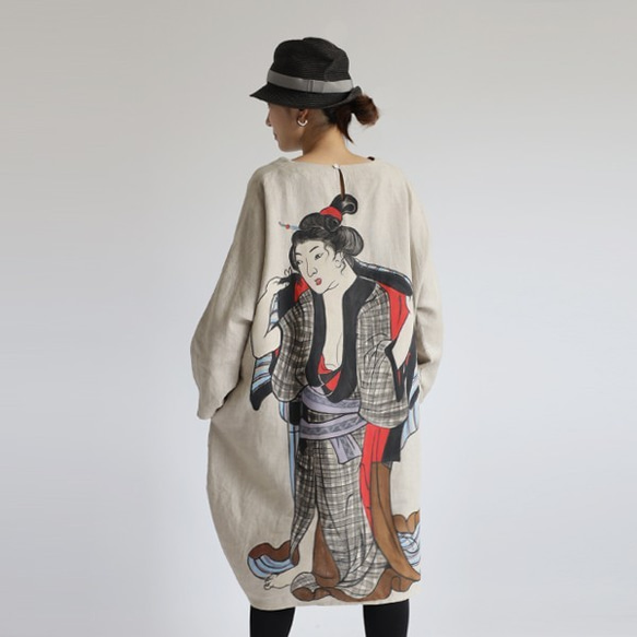 ⁑春ウララPRICE。手描き【和画衣】「江戸女と じゃれる子猫」リネン 一枚布ワンピース着物 浮世絵F06B ワンピース anvai 通販 ...