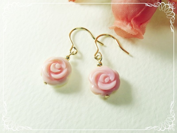 *K14GF***P18 高品質クィーンコンクシェルAAA☆薔薇のピアス ピアス（フック・チェーン） *Happy*** 通販｜Creema ...