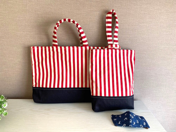 お値下げ中！送料無料♡通園バッグとシューズケースに布ガーゼマスクセット。入園入学準備。赤ストライプにデニム素材 レッスンバッグ ...