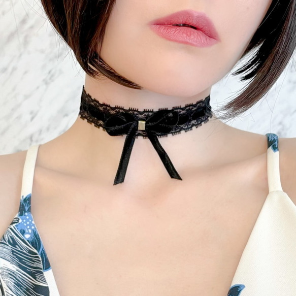 黒:Lara:リボンとレースのチョーカー SV371BK チョーカー MAY 黒:Lara:リボンとレースのチョーカー SV371BK チョーカー MAY