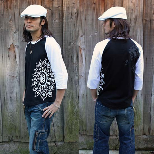 JIKUU BY SLC】コットン/メンズラグラン7分袖Tシャツ『ヒマワリ JIKUU BY SLC】コットン/メンズラグラン7分袖Tシャツ『ヒマワリ