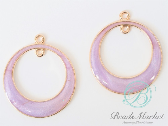 E-142【4個】＊Wカン付きサークルフレームチャーム＊カン含む29mm【パープル×ラメ】 チャーム Beads Market 通販 ...