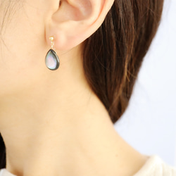 イヤリング(樹脂ノンホールピアスタイプ) K14GF大粒ブラックシェル(黒蝶貝)しずく イヤリング /アレルギー対 イヤリング・ノンホール ...