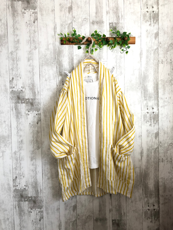 夏ふんわり手書き風黄色ストライプダブルガーゼゆったりローブカーディガン カーディガン Kym couleur 通販｜Creema(クリーマ ...