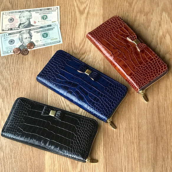 クロコ型押し革リパリとリモンタナイロンのリボン付きラウンドファスナーウォレット 長財布 カラーオーダー 長財布 CxC Leather 通販 ...